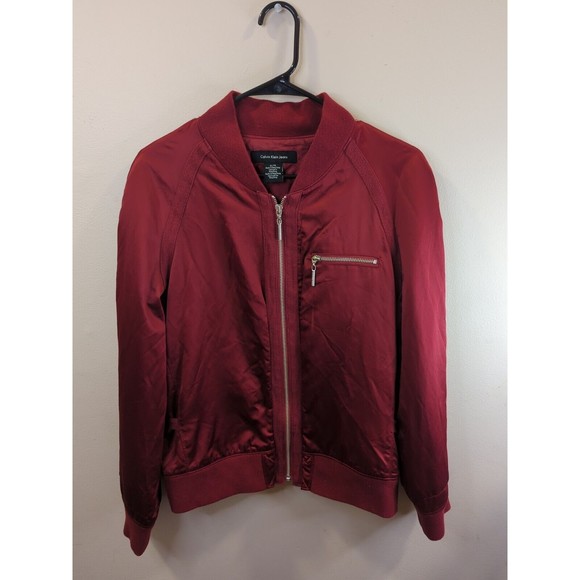Calvin Klein | Jackets & Coats | Calvin Klein Satin Maroon Bomber Jacket Xl | Poshmark